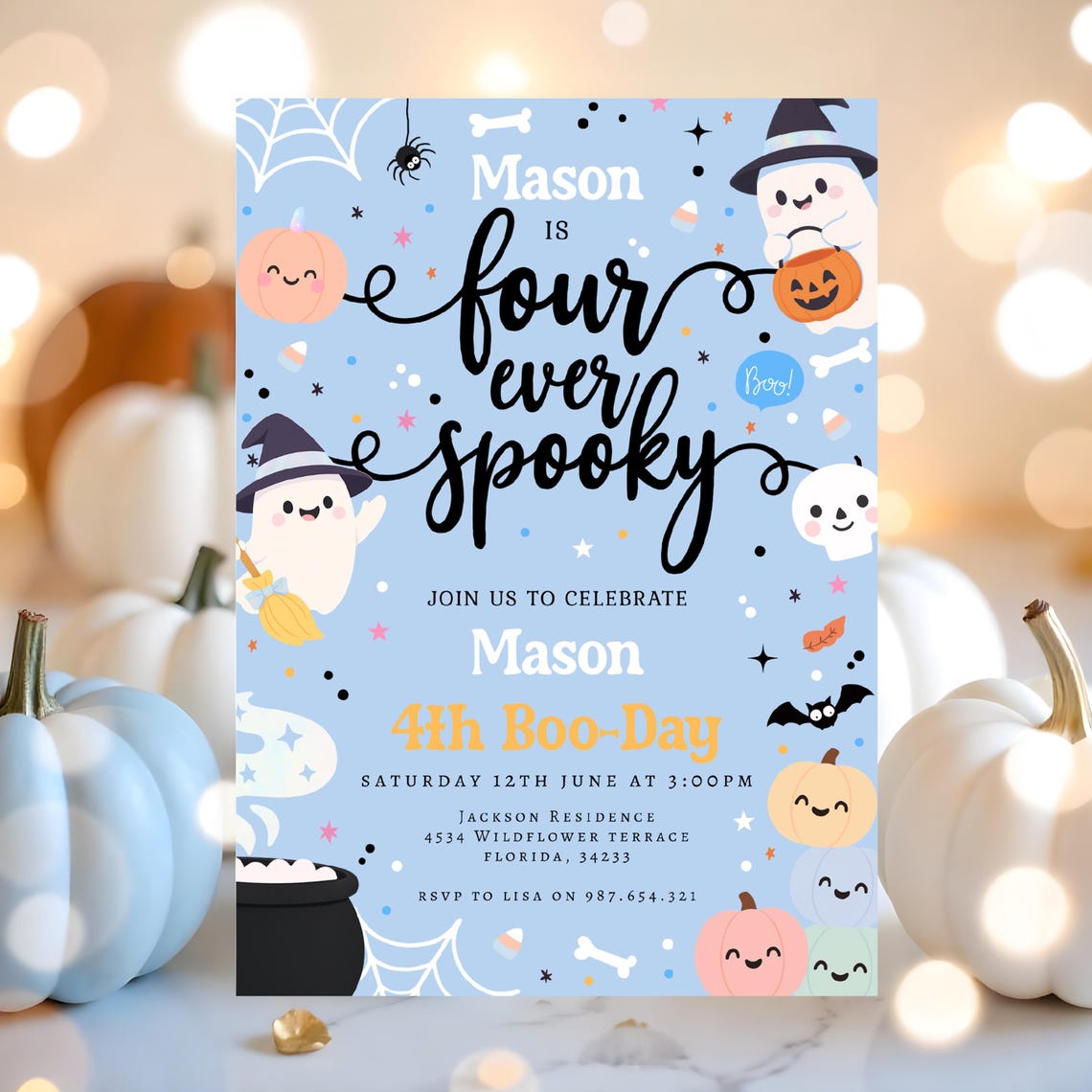 Spooky Ghost 4th Four Ever Spooky Birthday Invitation: Editable ...