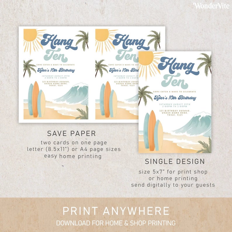 Editable Hang Ten Birthday Invitation Boy Surfing Tenth Birthday Invite ...