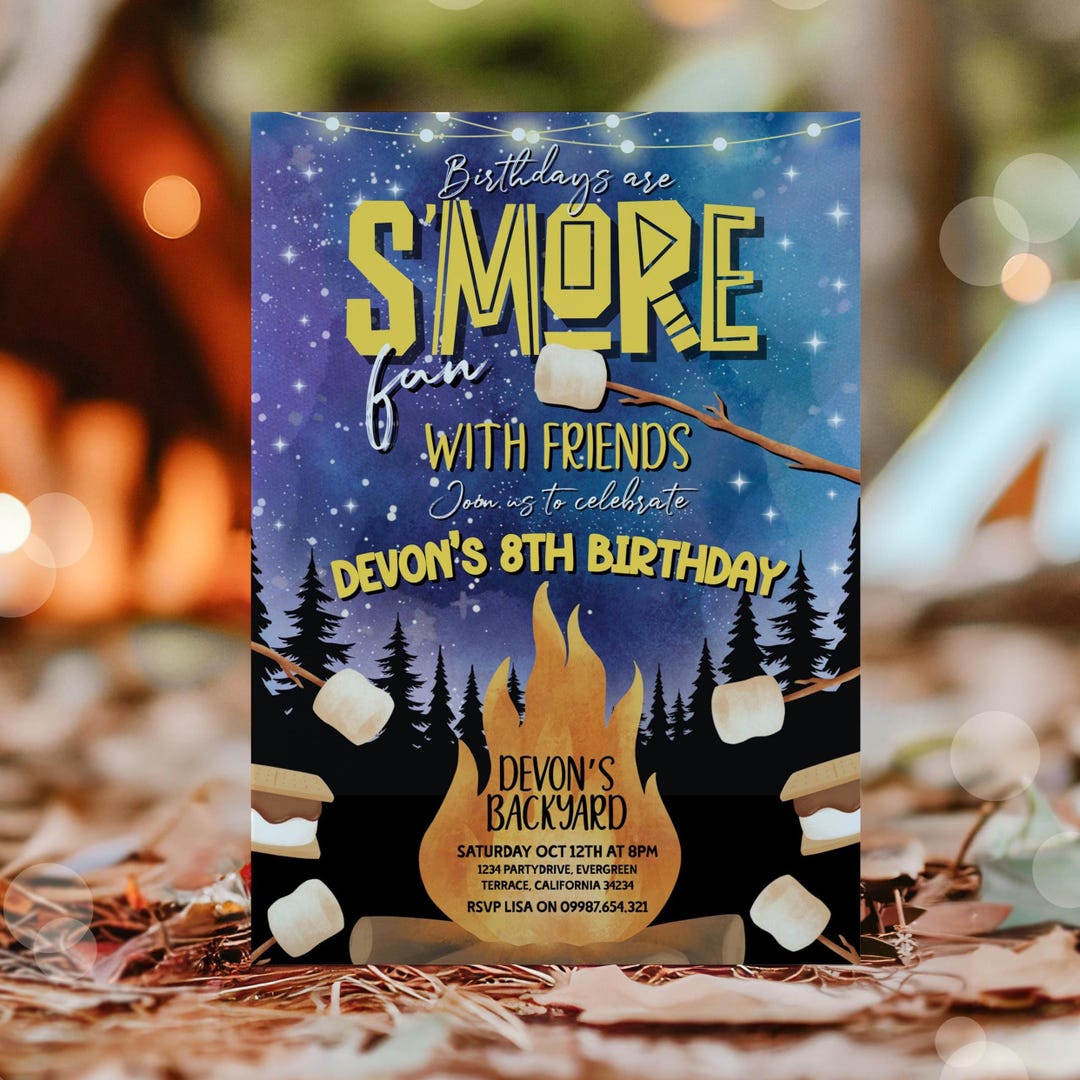Editable S'mores Camping Birthday Invite, Campfire Party Invitation ...