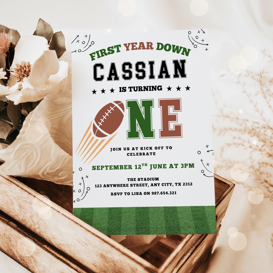 Editable Football Birthday Invitation, First Year Down, Football ...