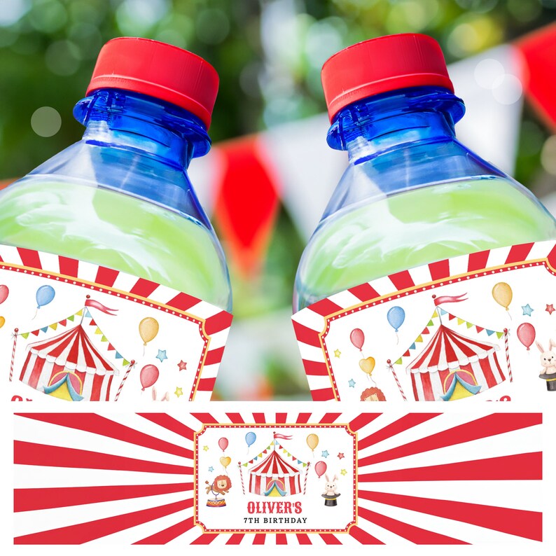 Editable Carnival Water Bottle Label Circus Party Red and White Drink ...