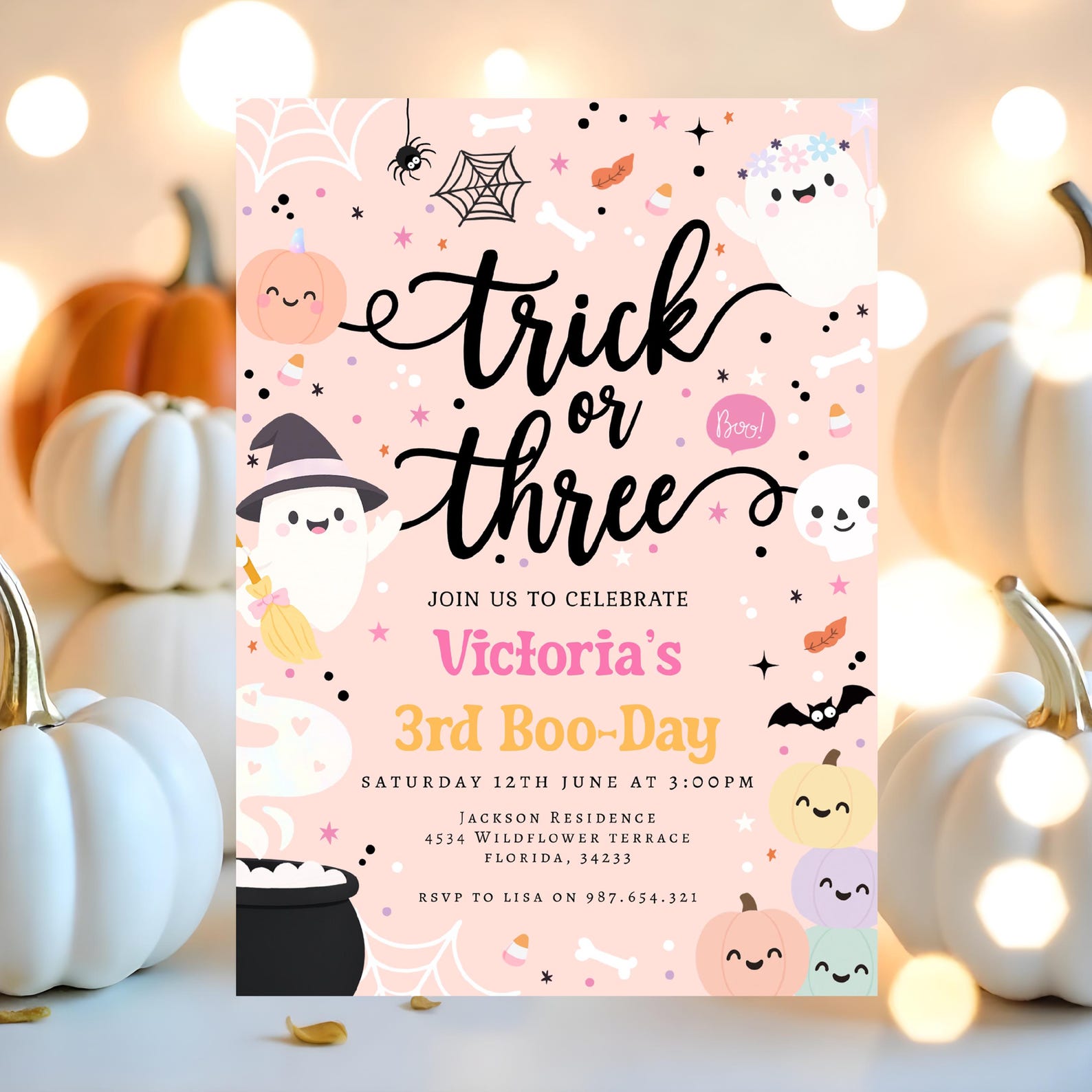 Editable Girls Halloween Ghost Birthday Invitation, Trick or Three 3rd ...