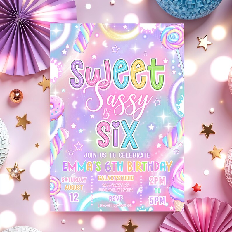 EDITABLE Sweet Sassy and Six Birthday Party Invitation, Neon Glow Sweet ...