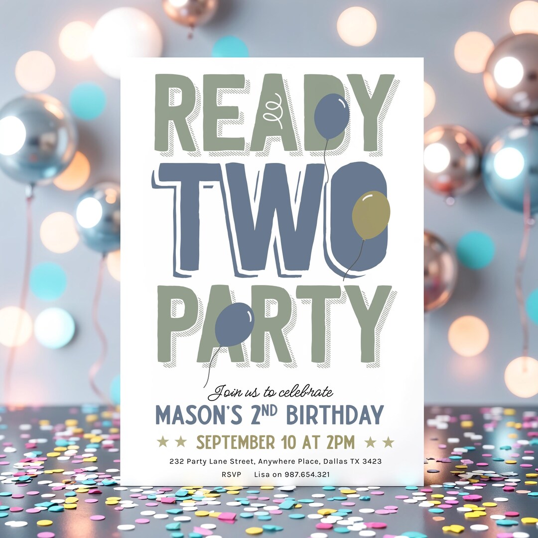 Ready Two Party Invitation, Simplistic Fun Boy 2nd Birthday Invitation ...
