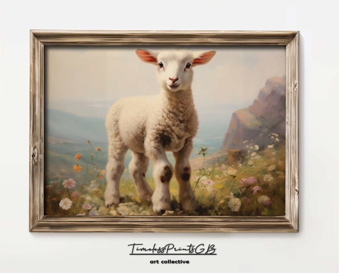 Spring Lamb on a Floral Hill Wall Art Lamb Print Easter Cute Sheep ...