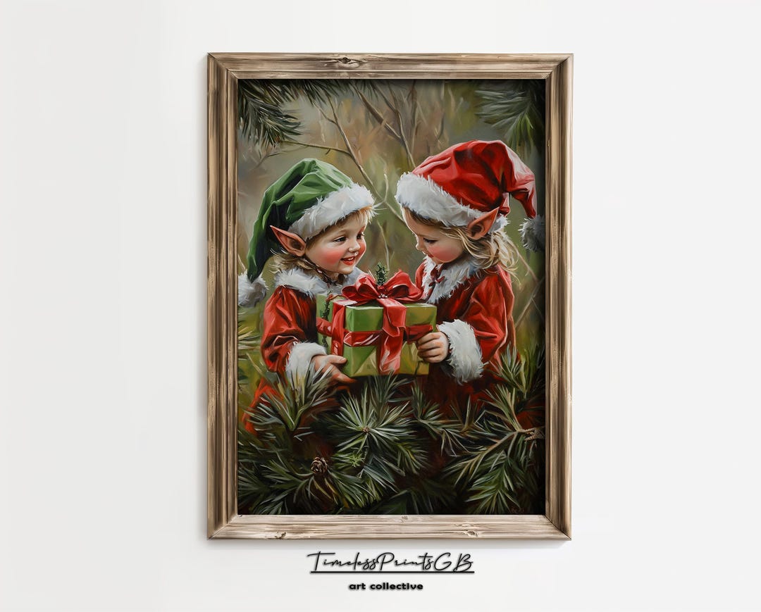 Cute Christmas Elf Wall Art Santas Elf With a Present Art Print Vintage ...