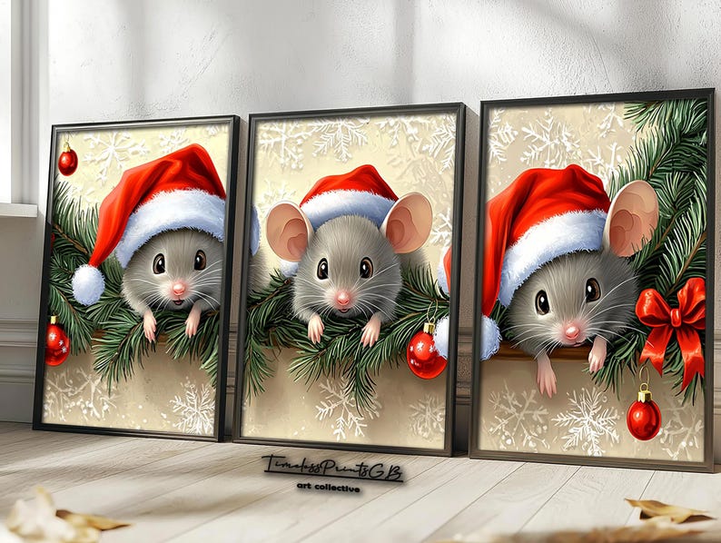 Printable Cute Mouse Set of 3 Wall Art Christmas 3 Little Mouse Home ...