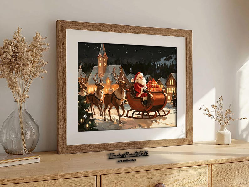 Printable Santa in Town on a Sleigh Wall Art Santa Sleigh Poster Santa ...