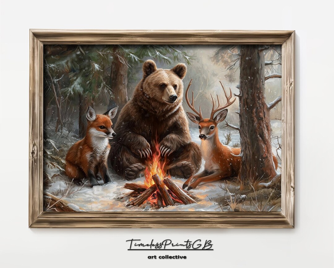 Forest Animals Campfire Art Print: Winter Woodland Scene (digital ...