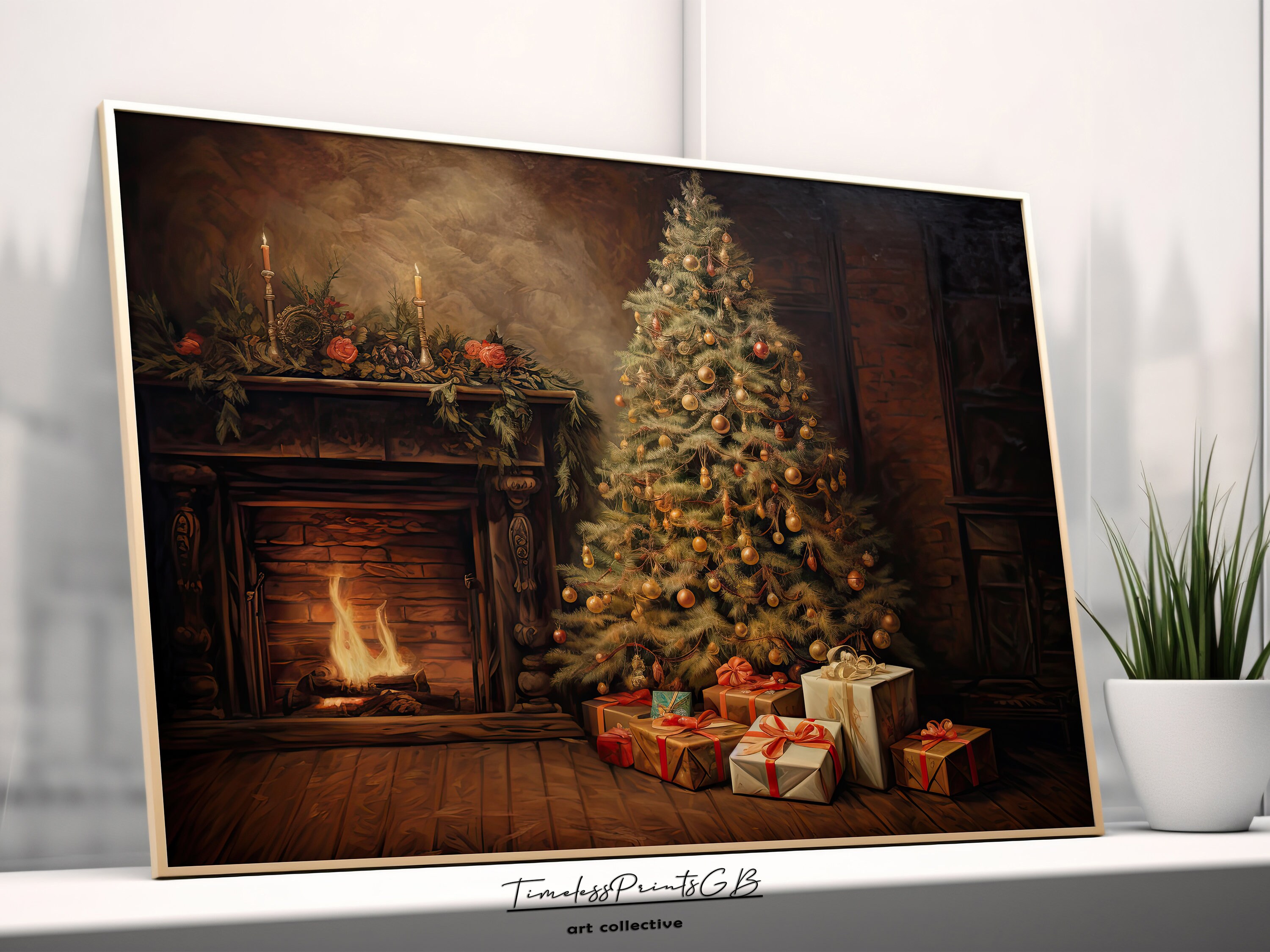 Vintage Christmas Tree Fireplace Painting Rustic Holiday Wall Art vintage-christmas-tree-fireplace-painting-rustic-holiday-wall-art