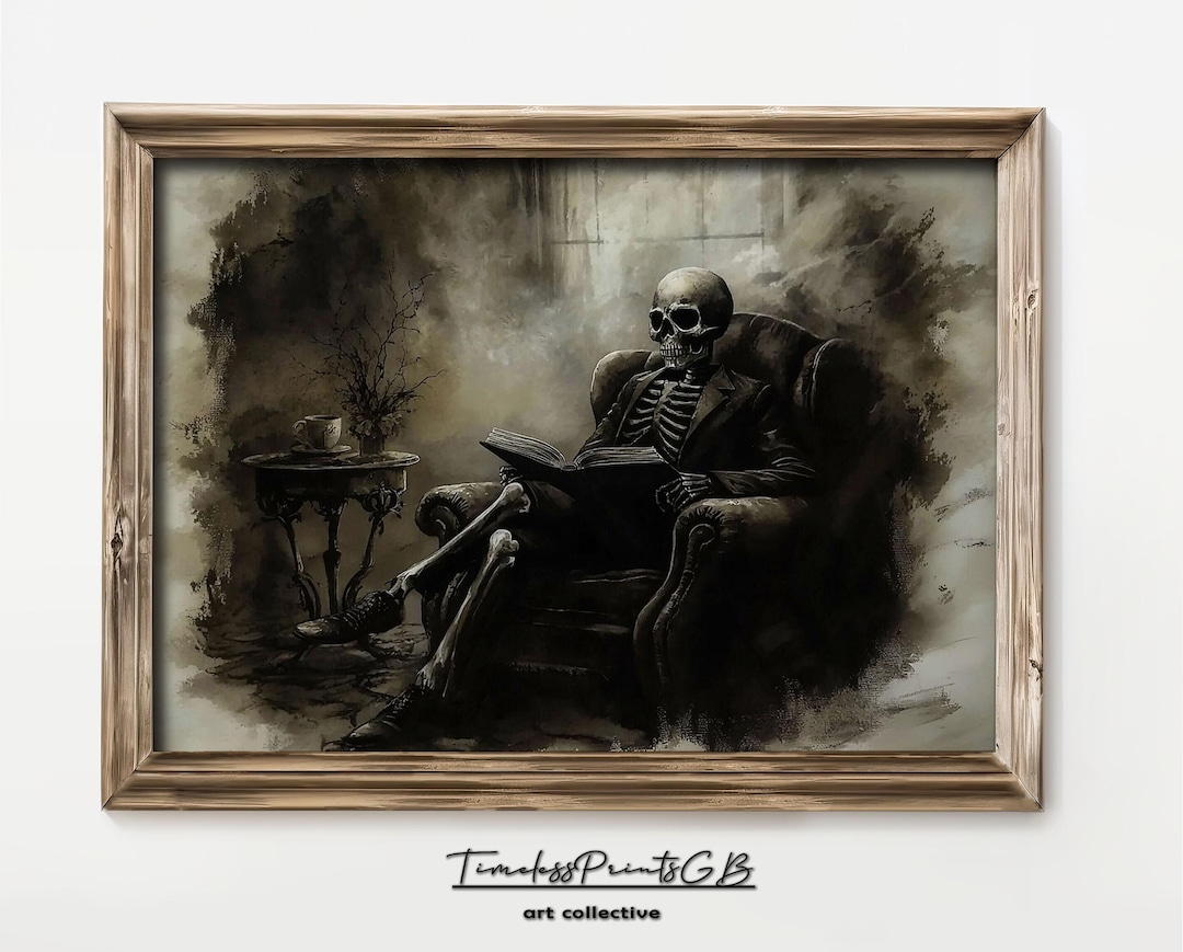 Creepy Skeleton Reading Book Print: Vintage Halloween Decor (digital ...