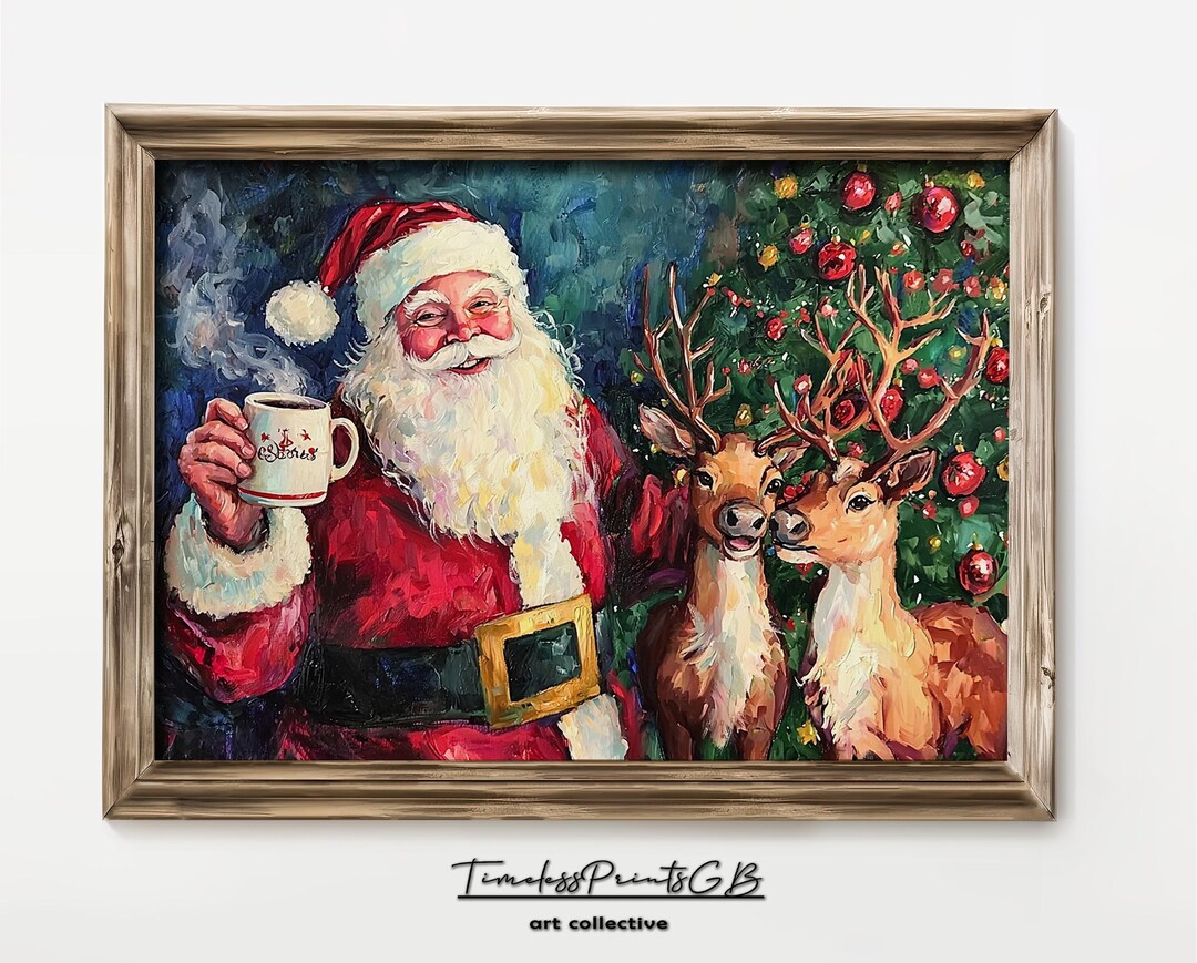 Cheering Santa & Reindeer Christmas Art Print (digital Download) - Etsy