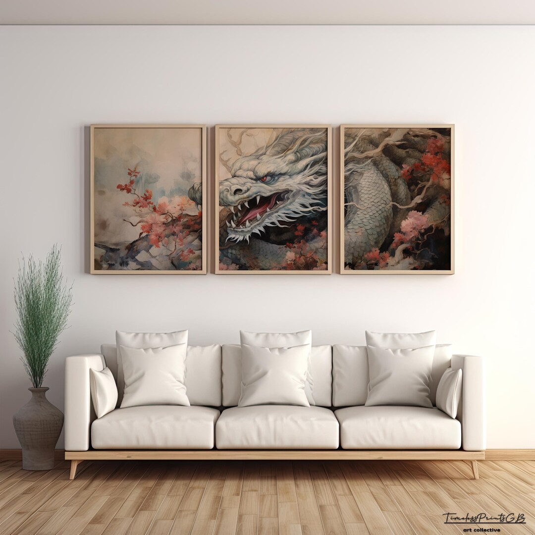 Set of 3 Japanese Dragon Wall Art Print | Living Room Decor | Chinese ...