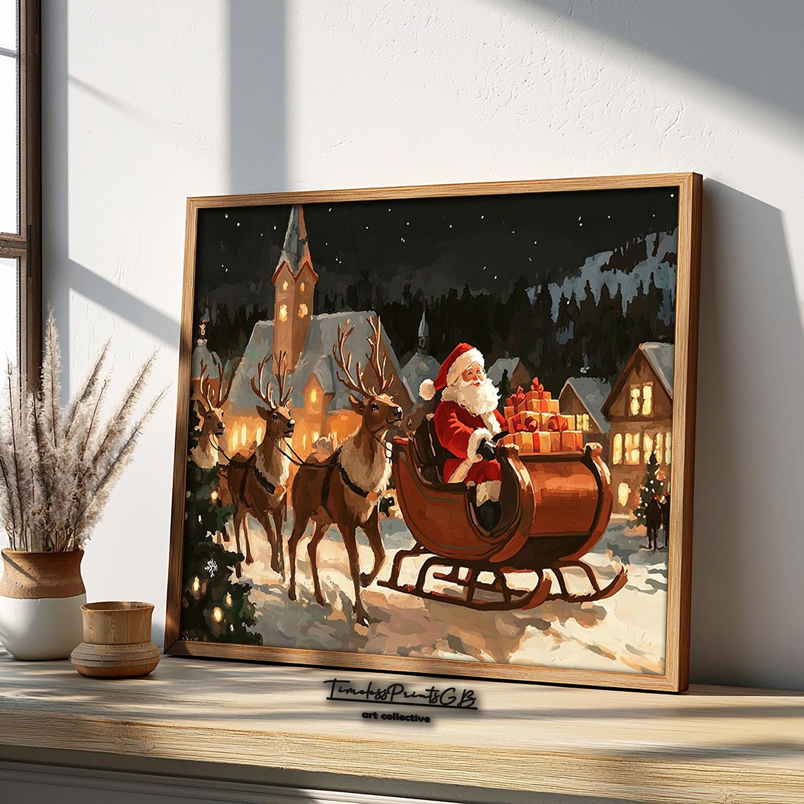 Printable Santa in Town on a Sleigh Wall Art Santa Sleigh Poster Santa ...