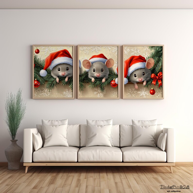 Printable Cute Mouse Set of 3 Wall Art Christmas 3 Little Mouse Home ...
