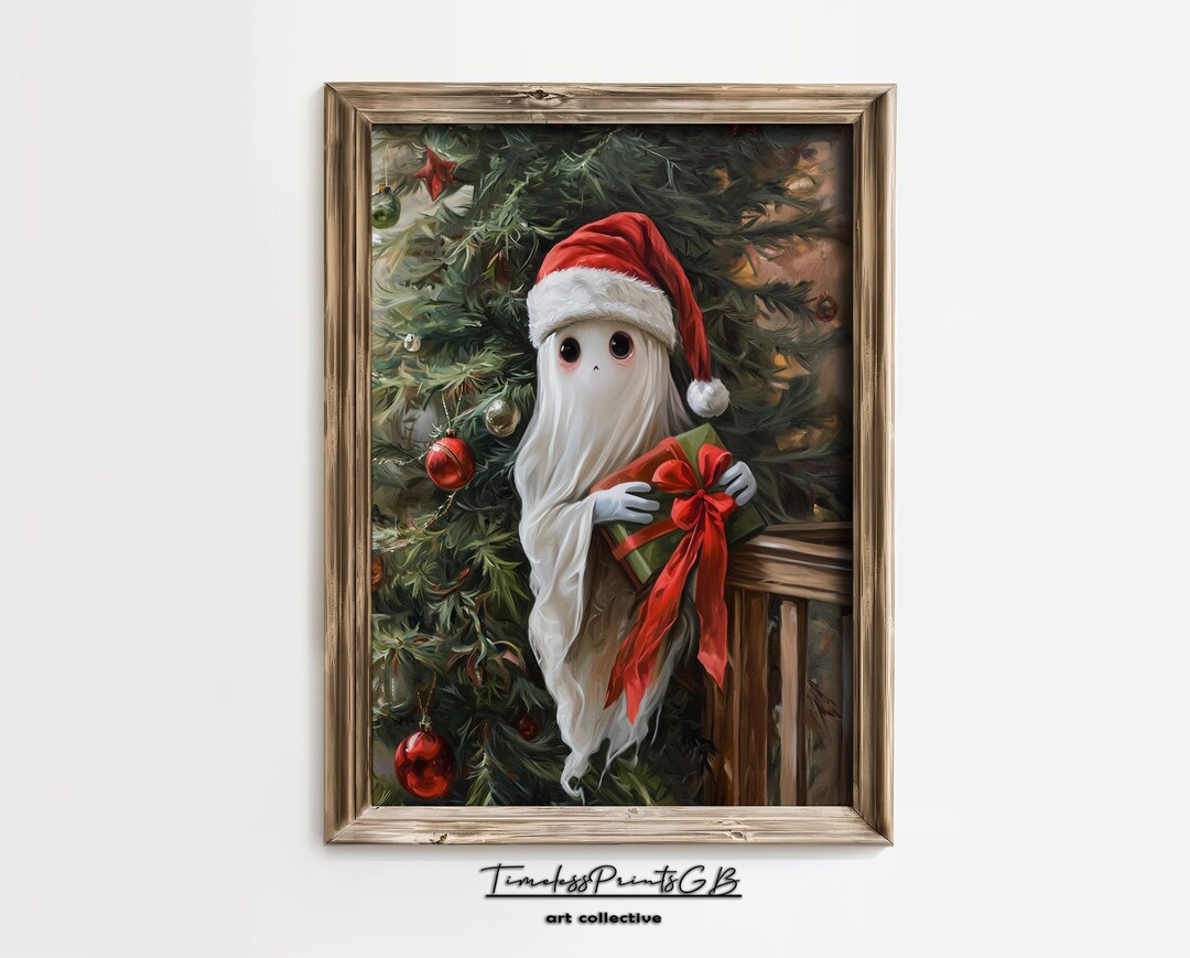 Cute Christmas Ghost Wall Art in a Santa Hat Print by the Christmas ...