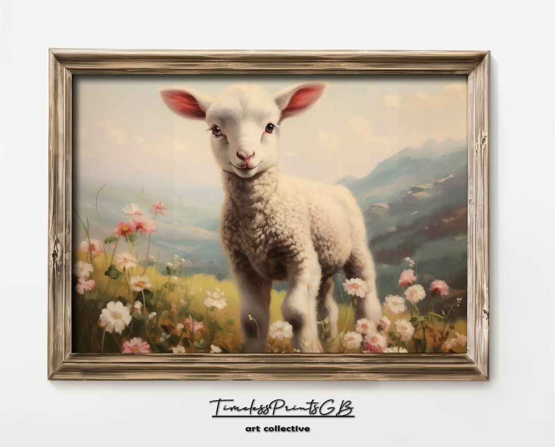 Spring Lamb on a Floral Hill Poster Lamb Print Easter Cute Sheep Wall ...