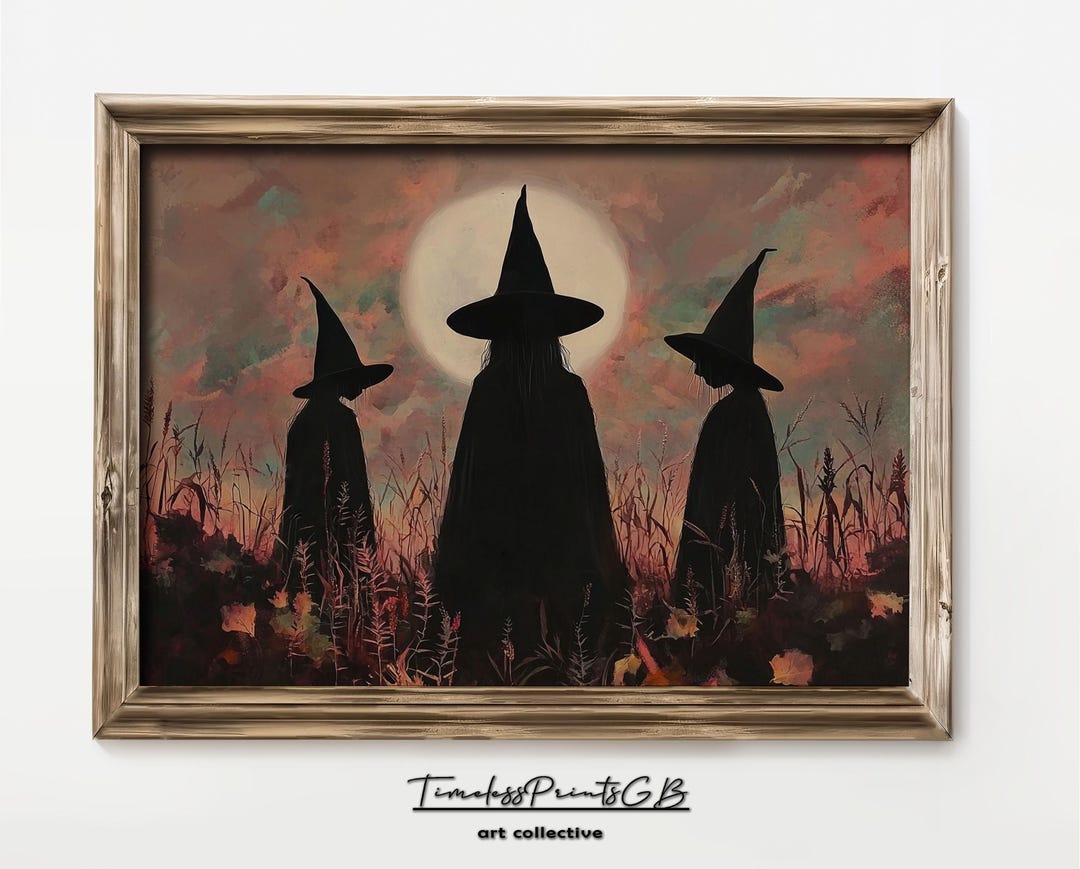 Three Spooky Witch in a Wheat Field Wall Art | Vintage Halloween ...
