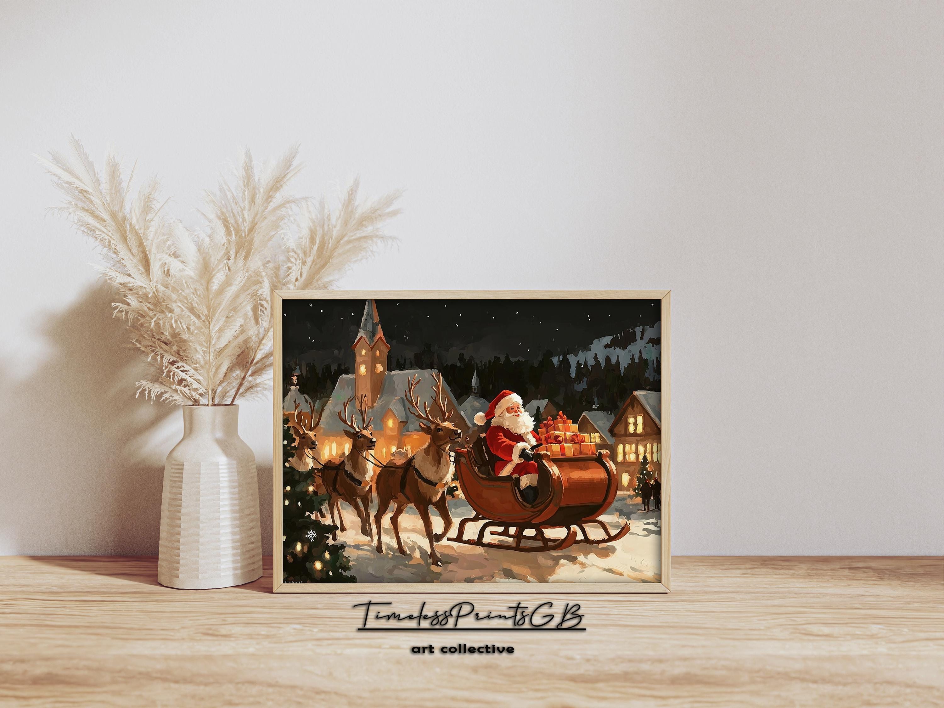 Printable Santa in Town on a Sleigh Wall Art Santa Sleigh Poster Santa ...