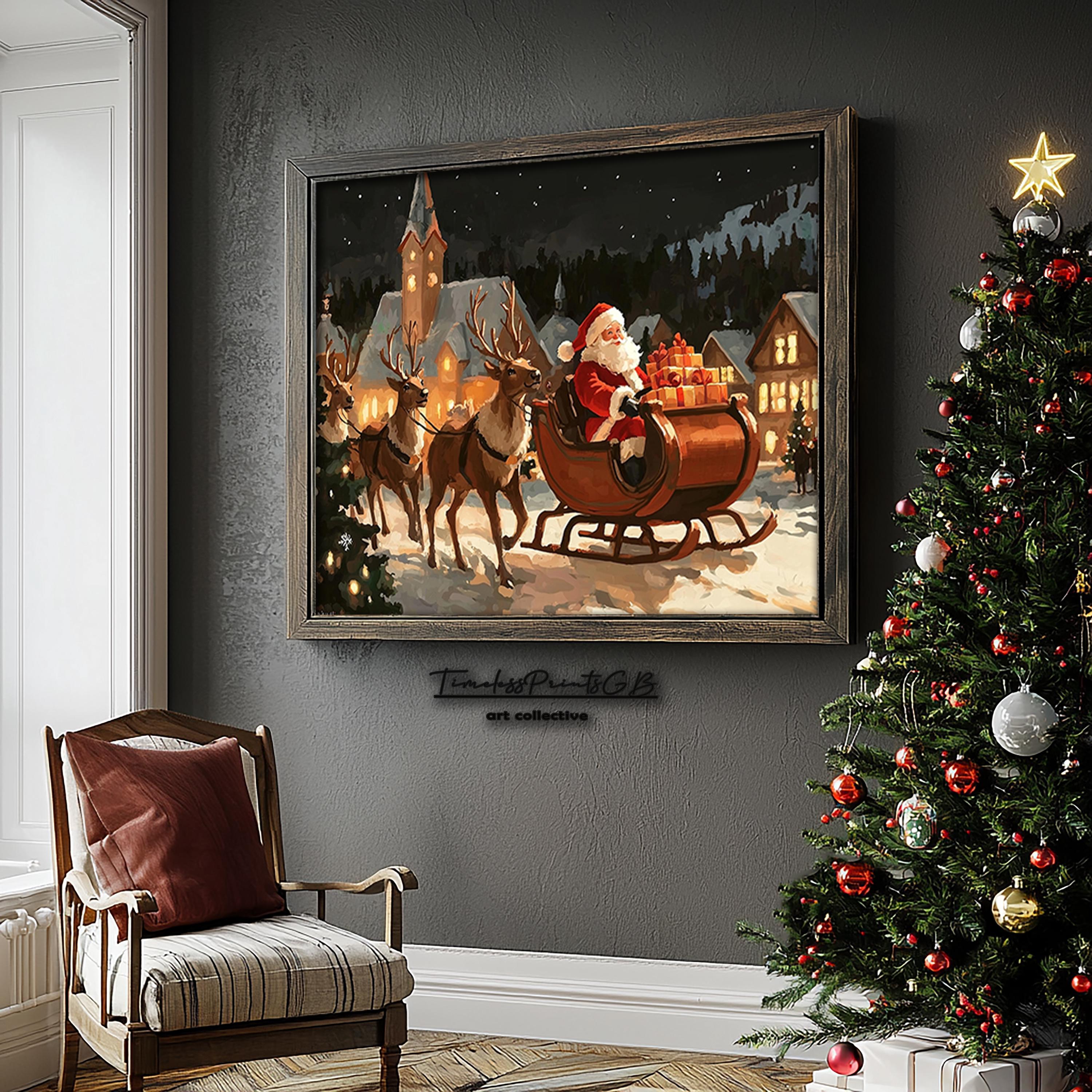 Printable Santa in Town on a Sleigh Wall Art Santa Sleigh Poster Santa ...