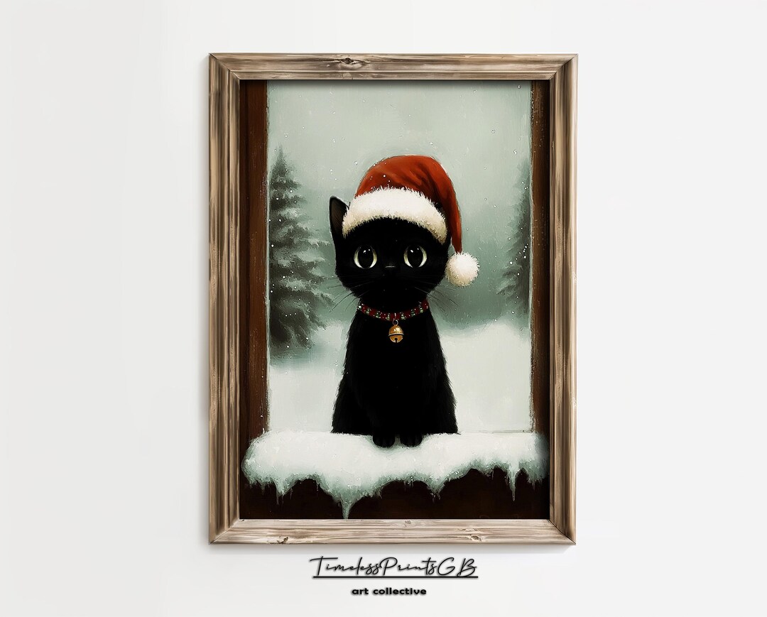 Christmas Cat Print in Santa Hat Wall Art Cute Black Cat Home Decor ...