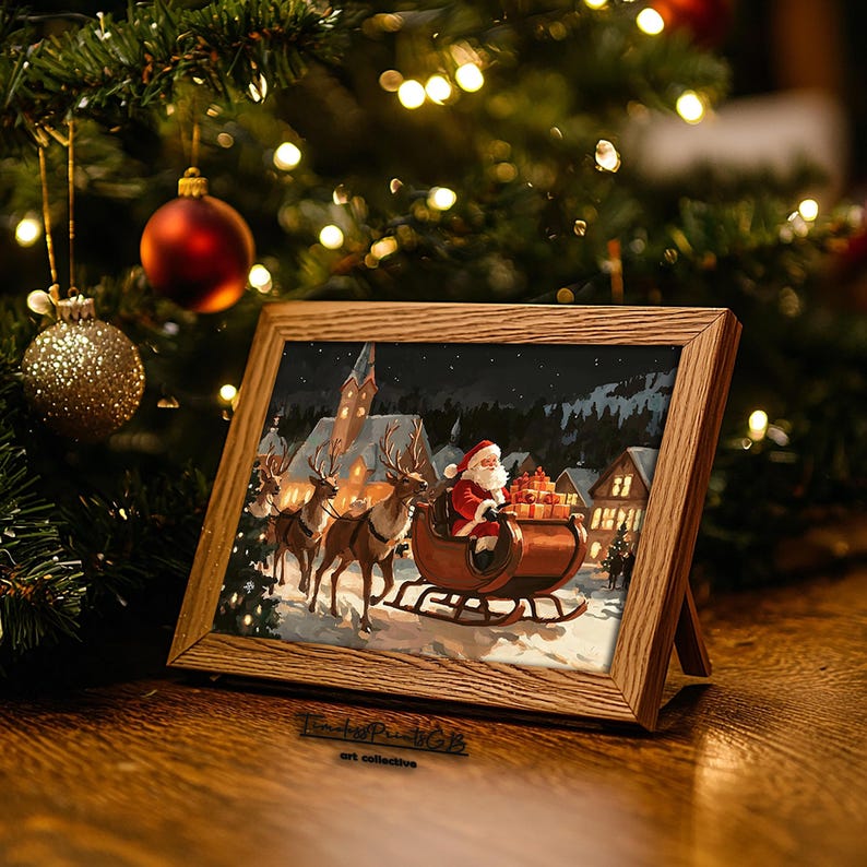 Printable Santa in Town on a Sleigh Wall Art Santa Sleigh Poster Santa ...