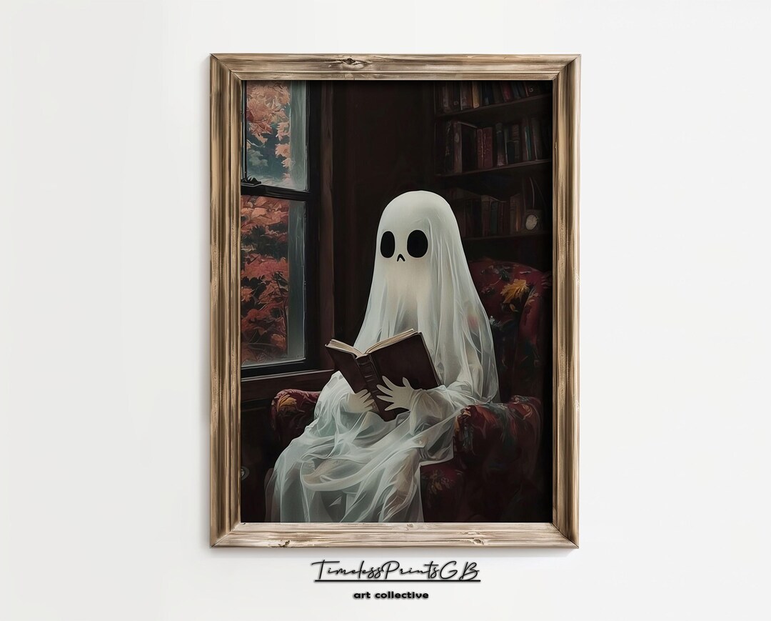 Cute Ghost Reading a Book Wall Art | Vintage Halloween Printable Ghost ...