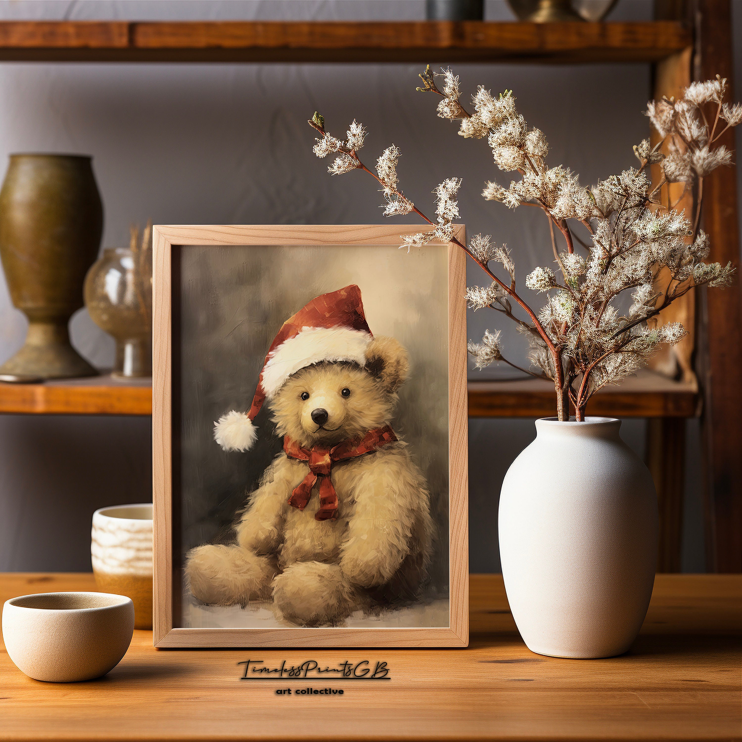Vintage Christmas Teddy Bear Print: Rustic Holiday Wall Art (digital ...