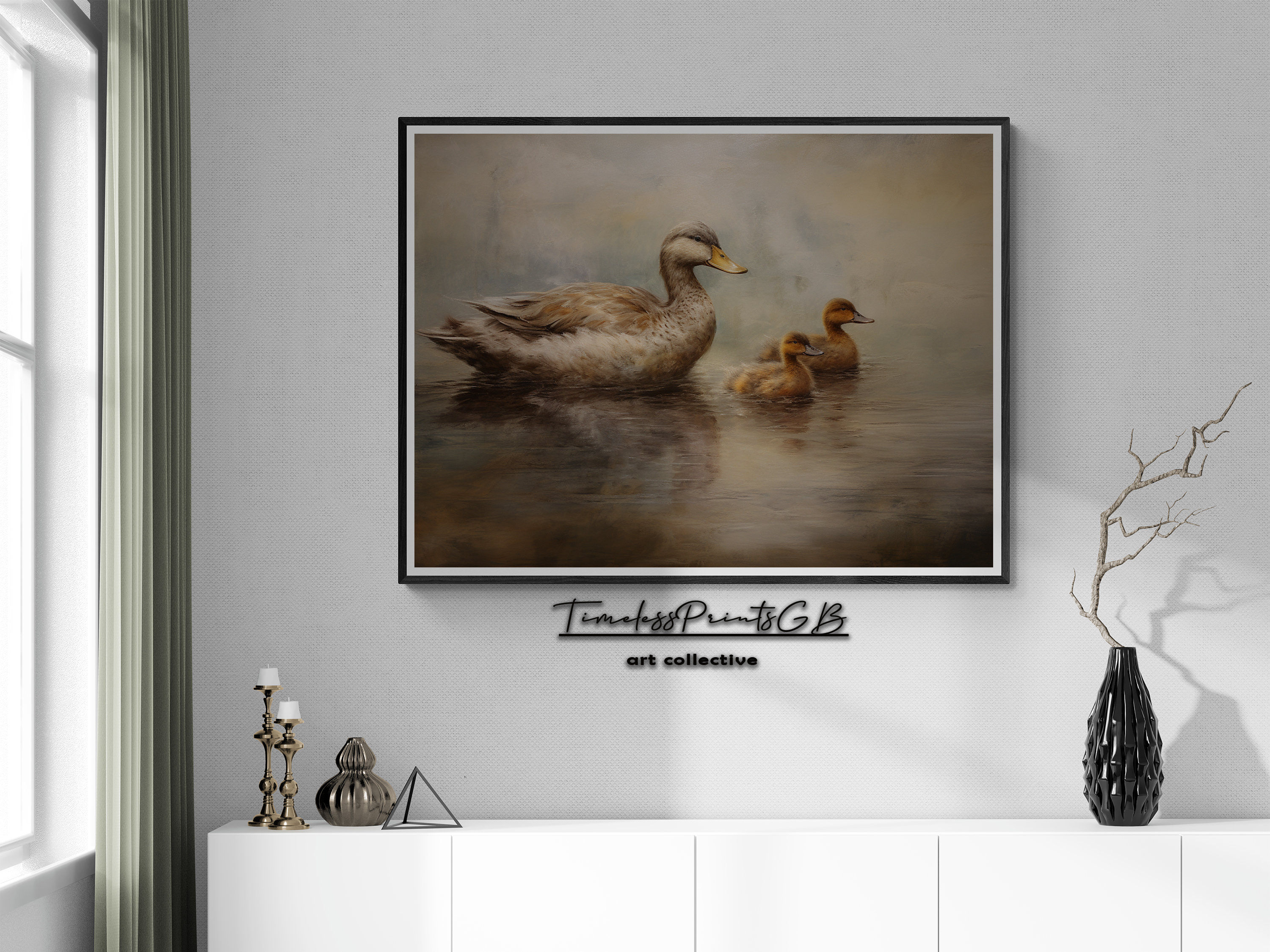 Vintage Duck and Ducklings Print: Lake Scenery Animal Poster (digital ...