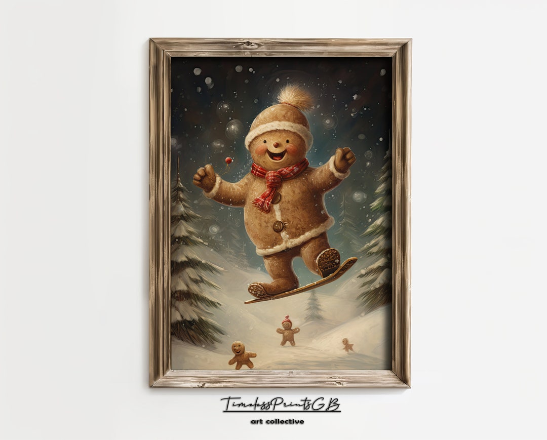 Gingerbread Man Snowboarding Christmas Print: Vintage Holiday Decor ...