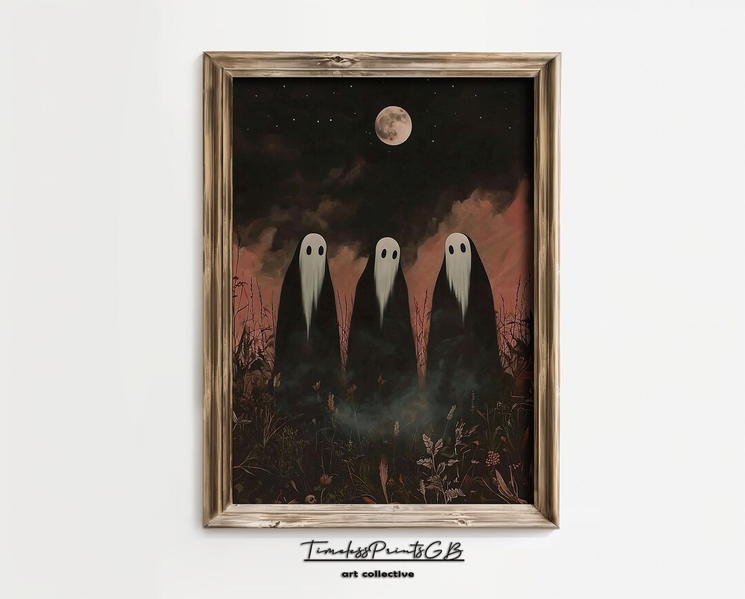 Three Spooky Ghost in a Flower Field Wall Art | Vintage Halloween ...
