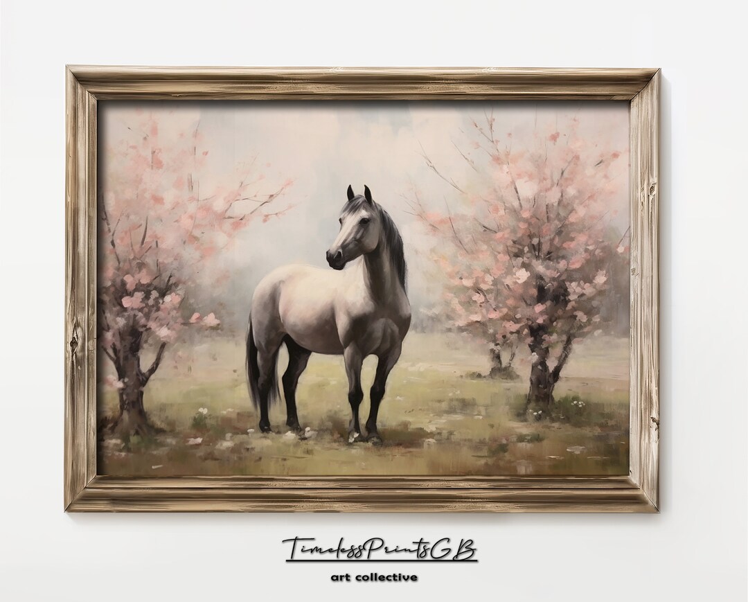 Grey Horse Cherry Blossom Tree Painting: Vintage Farmhouse Decor ...