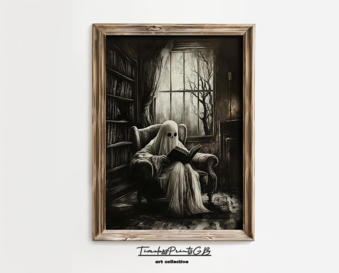 Funny Ghost Reading Book Art: Vintage Halloween Goth Print (digital ...