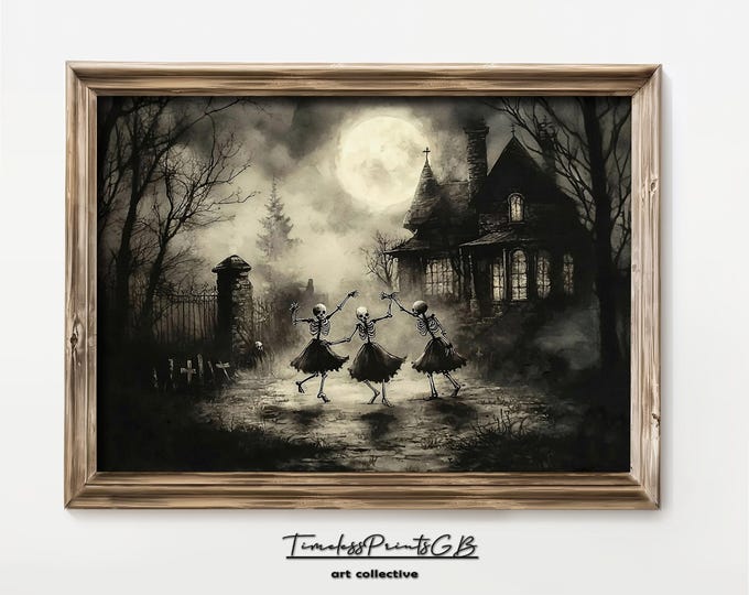 Skeleton Dancing Print, Antique Halloween Wall Art, Funny Skeleton ...