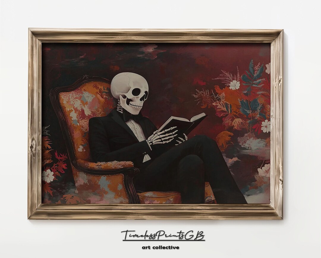Skeleton Reading a Book Print | Vintage Halloween Printable Skeleton ...