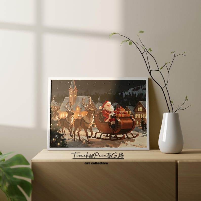 Printable Santa in Town on a Sleigh Wall Art Santa Sleigh Poster Santa ...