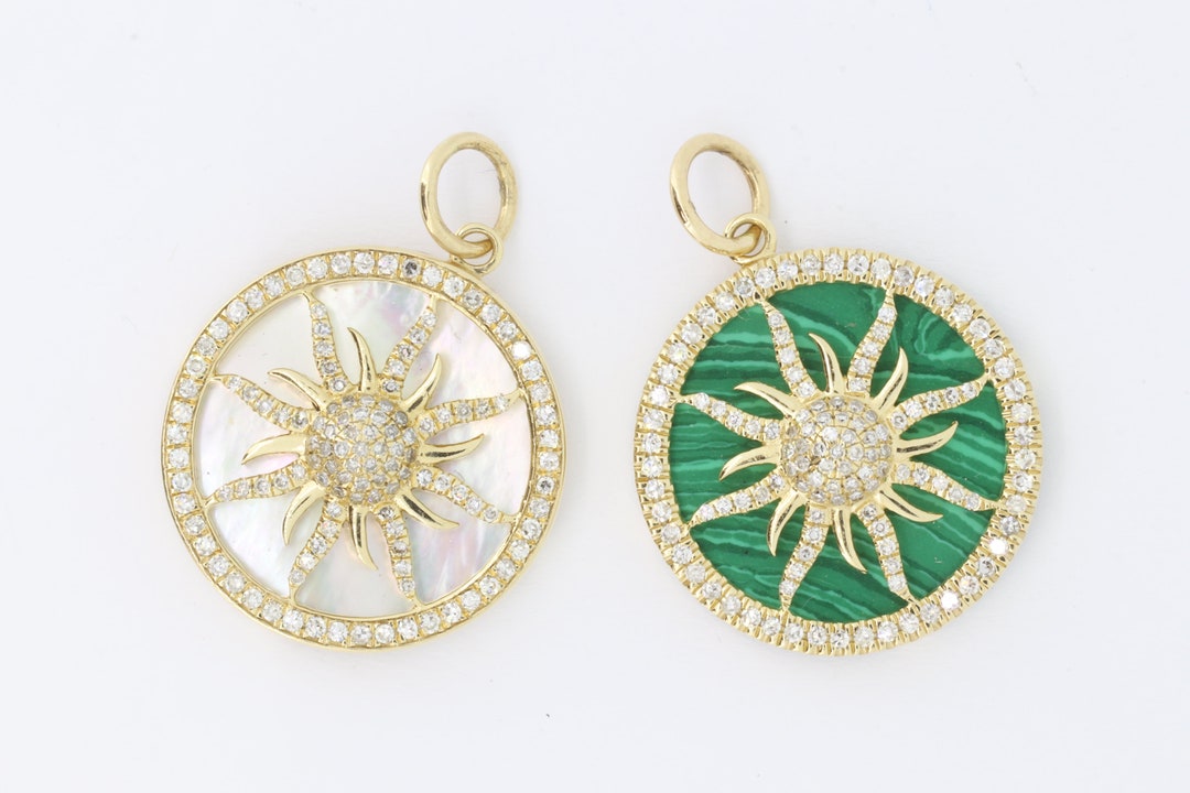 14kt Solid Gold Diamond Sun Pendant, Sun Charm, Mother of Pearl, Lapis ...