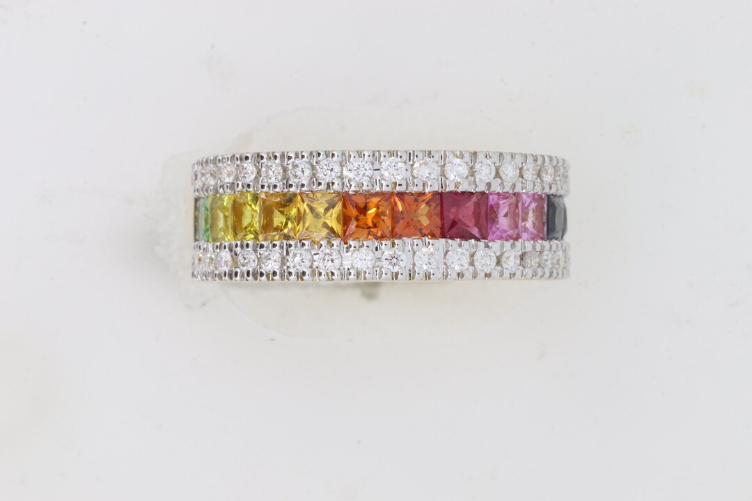 14kt or 18kt Solid Gold Trendy Multi Color Sapphire & Diamond Band ...