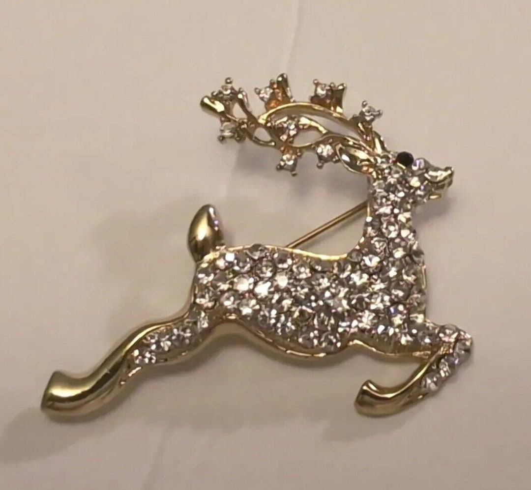 Vintage Christmas Gold Toned Reindeer Brooch With Pave Clear Crystals ...
