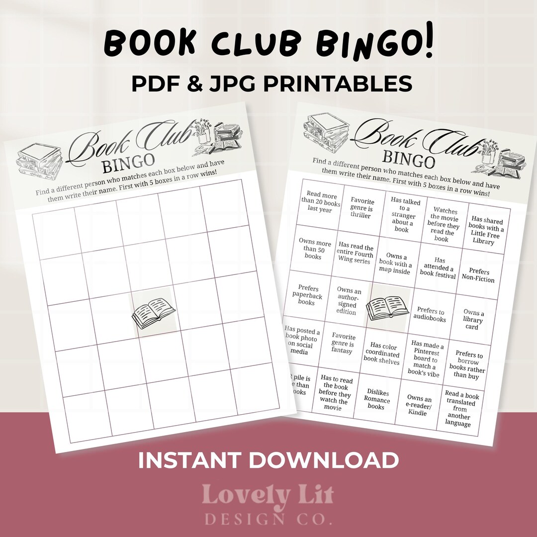 Book Club Bingo Printable: Reading Challenge Game (PDF & JPG) - Etsy