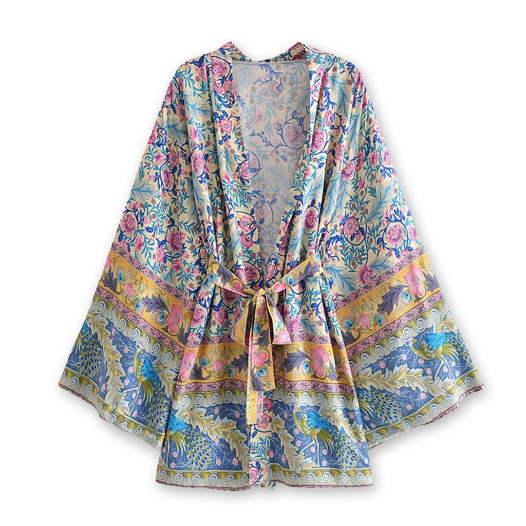 Boho Kimono Robe, Golden Peacock Floral Print Kimono Robe, Boho Beach ...