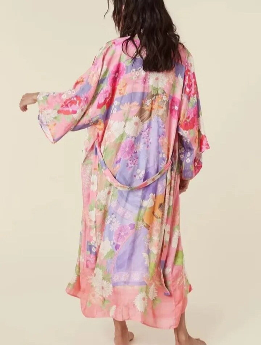 Long Kimono Robe, Pink Floral Robe, Boho Kimono Maxi Robe, Bridal Robe ...