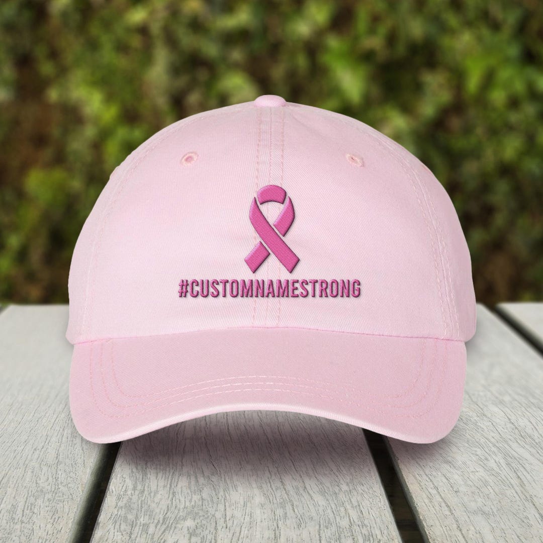 Custom Name Strong Breast Cancer Ribbon Embroidered Pigment Dyed Hat ...
