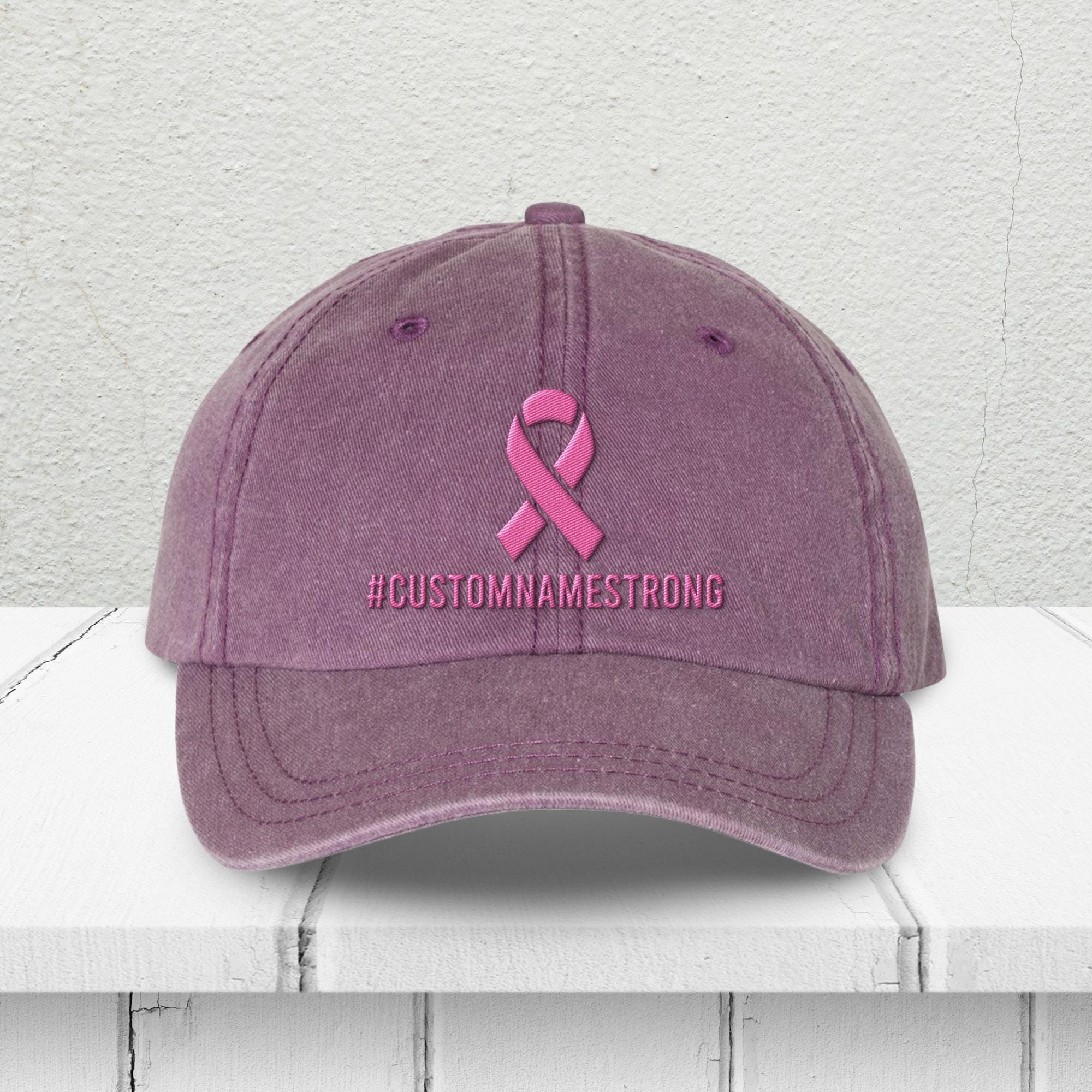 Custom Name Strong Breast Cancer Ribbon Embroidered Pigment Dyed Hat ...
