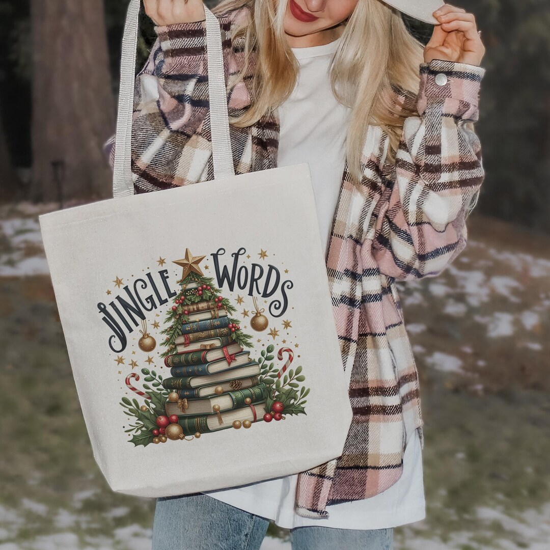 Jingle Words Books Canvas Tote Bag | Christmas Reading Travel Bag - Etsy