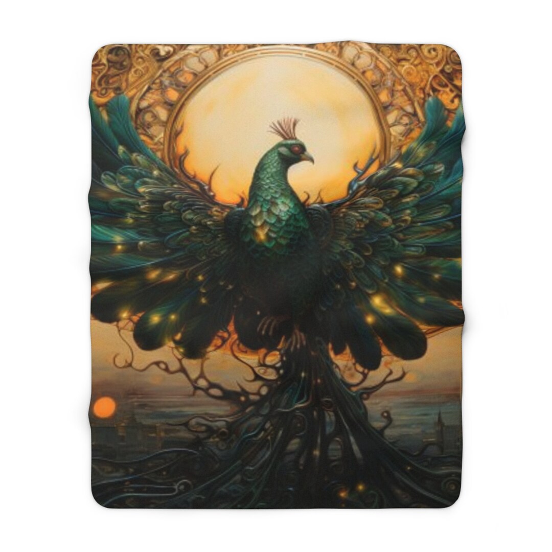 Golden Crescent: Green Jeweled Phoenix Sherpa Fleece Blanket - Etsy