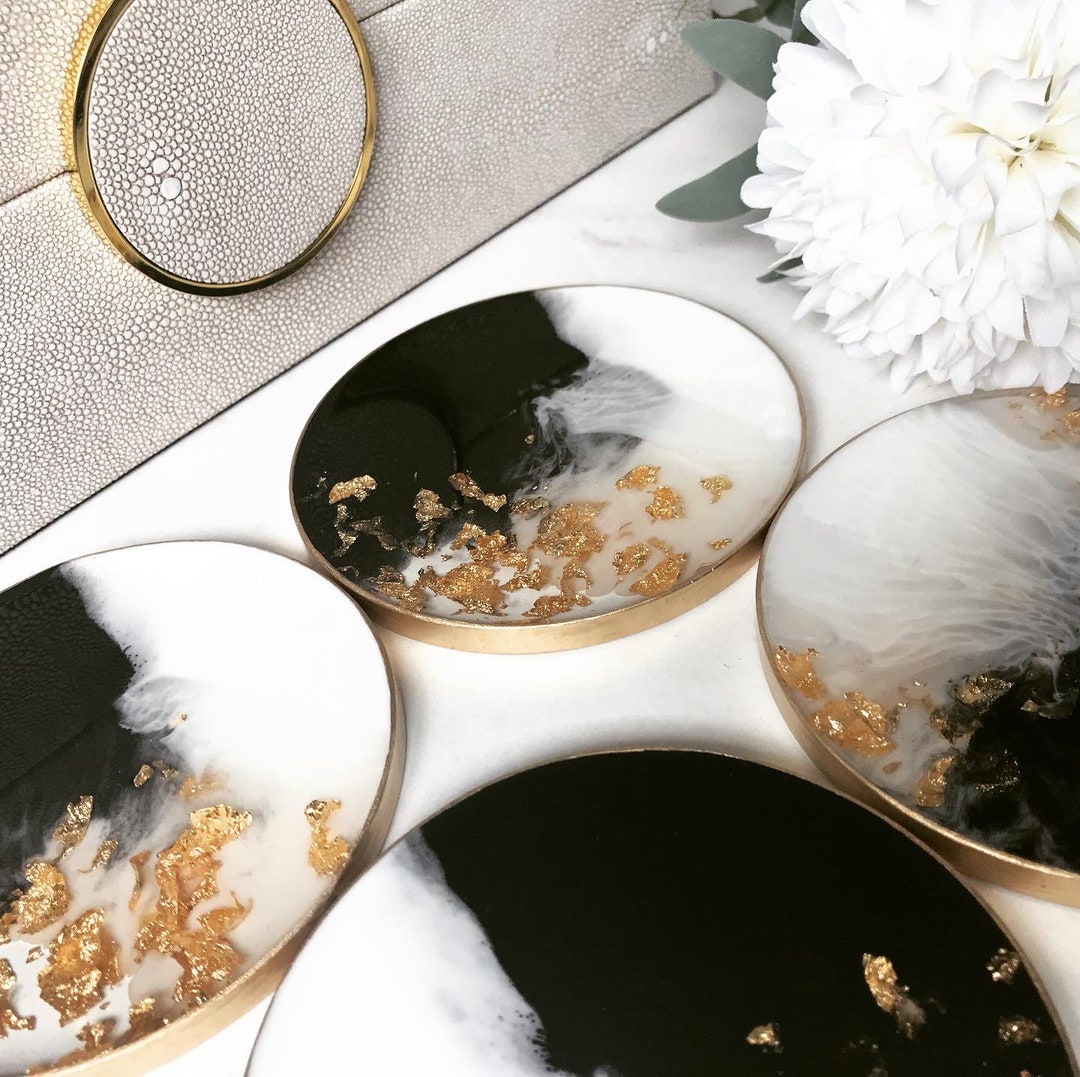 Unique Black and White Coasters With Gold Flakes - Etsy