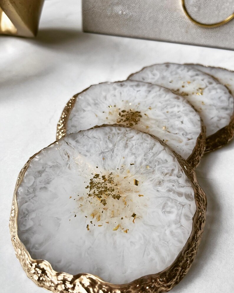 A Unique White Geode Coaster With Gold Flakes - Etsy