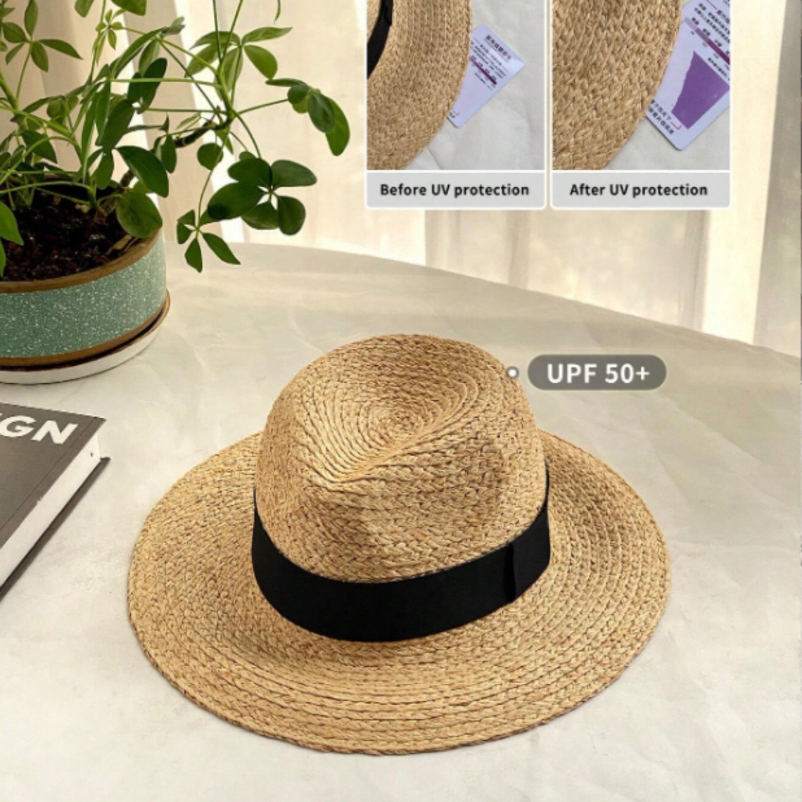 1pc Neutral Western Style Panama Straw Hat with Black Ribbon Made of ...