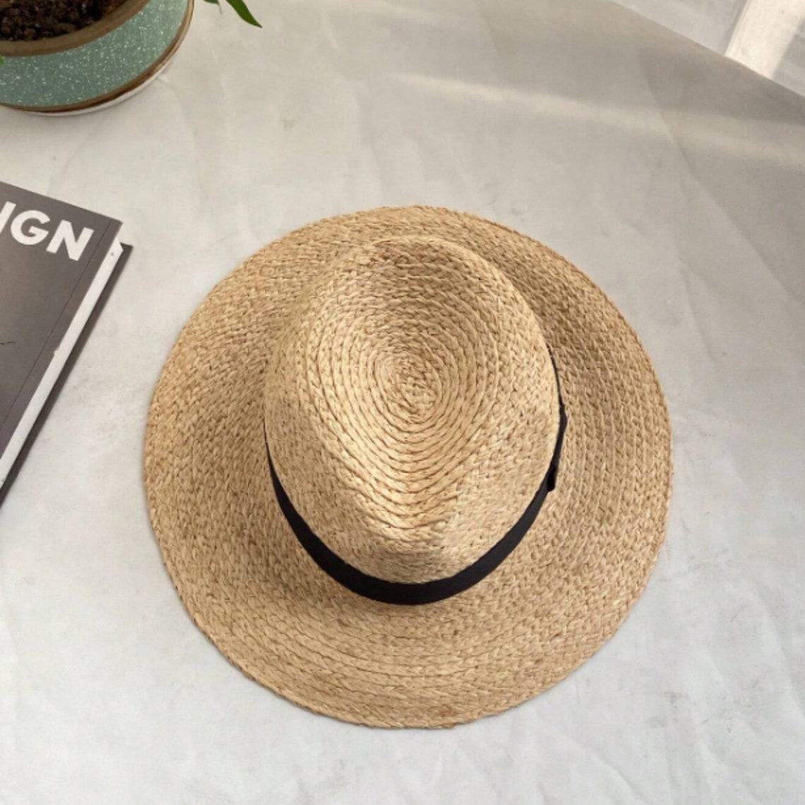 1pc Neutral Western Style Panama Straw Hat with Black Ribbon Made of ...